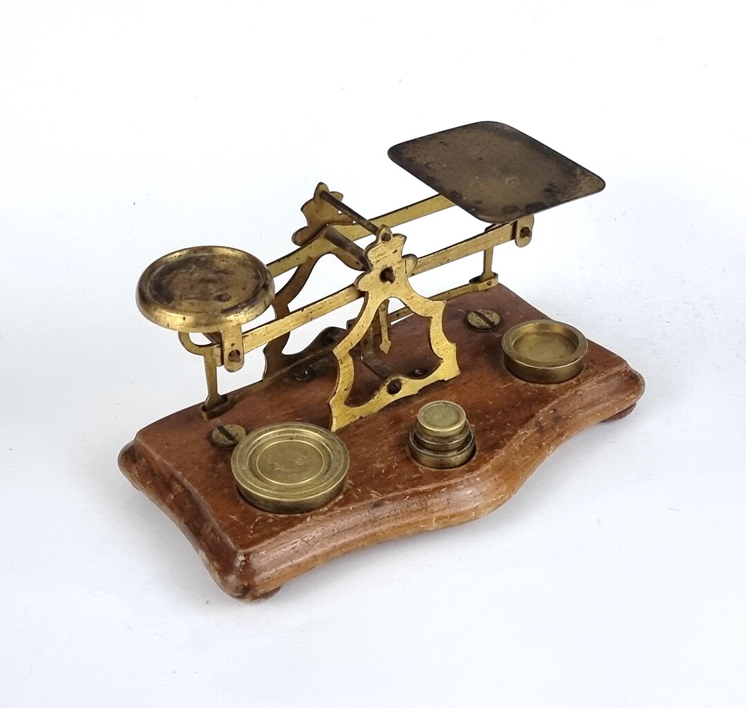Antique Postal Scales, Letter Scales, Wooden Base, Brass Skeleton ...