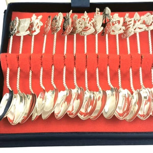 Unique Set of Spoons, Fifteen Souvenir Spoons, Silver Flatware, Boxed ...