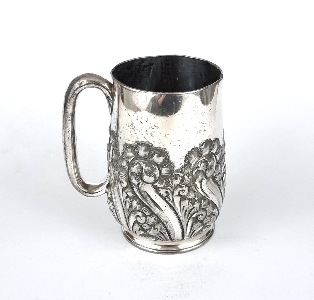 DISTRESSED Look, WORN Silver Plate, Antique Pint Tankard, Floral ...
