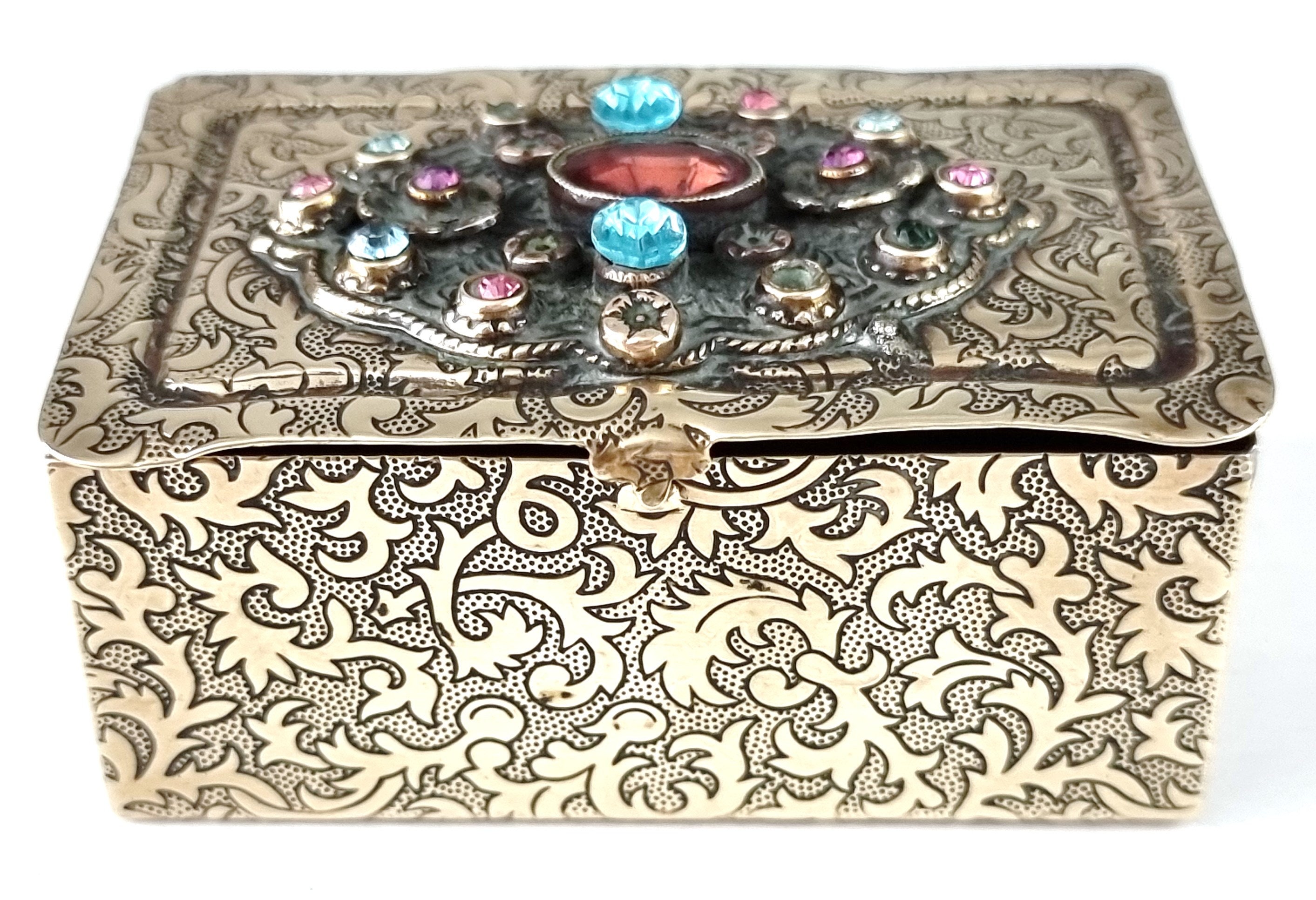 Small Brass Box, Trinket Box, Czech Made, Floral Scrolls, Paste Gem Top ...