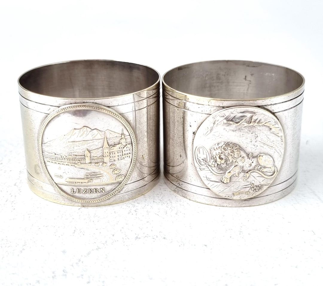 Worn Silver Plate, Two Napkin Rings, Lucerne Switzerland, Recumbent ...