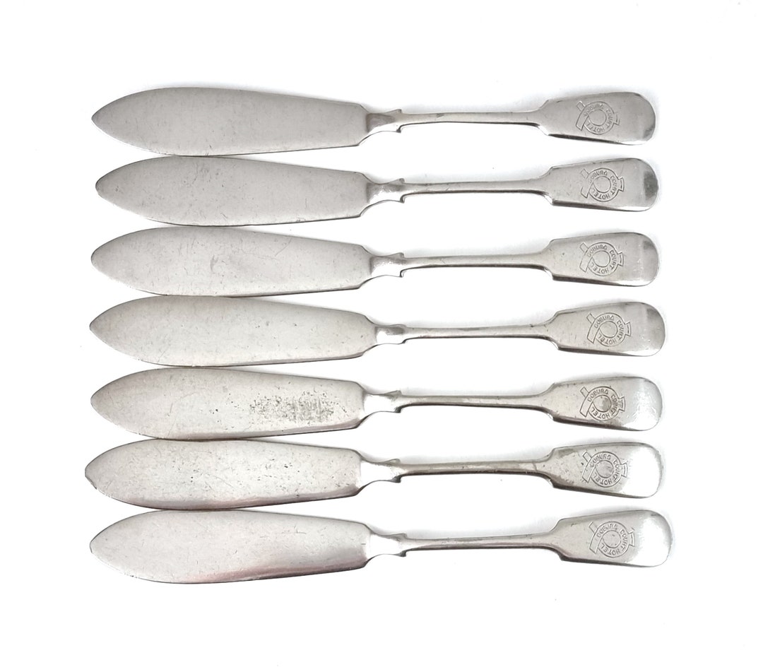Vintage Hotelware, Set of Seven, Fish Cutlery Knives, WORN Silver Plate ...