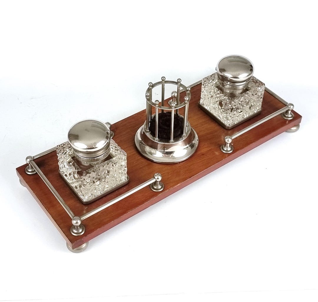 Vintage Double Inkwell, With Brush, Glass Inkwells, Hobnail Pattern ...