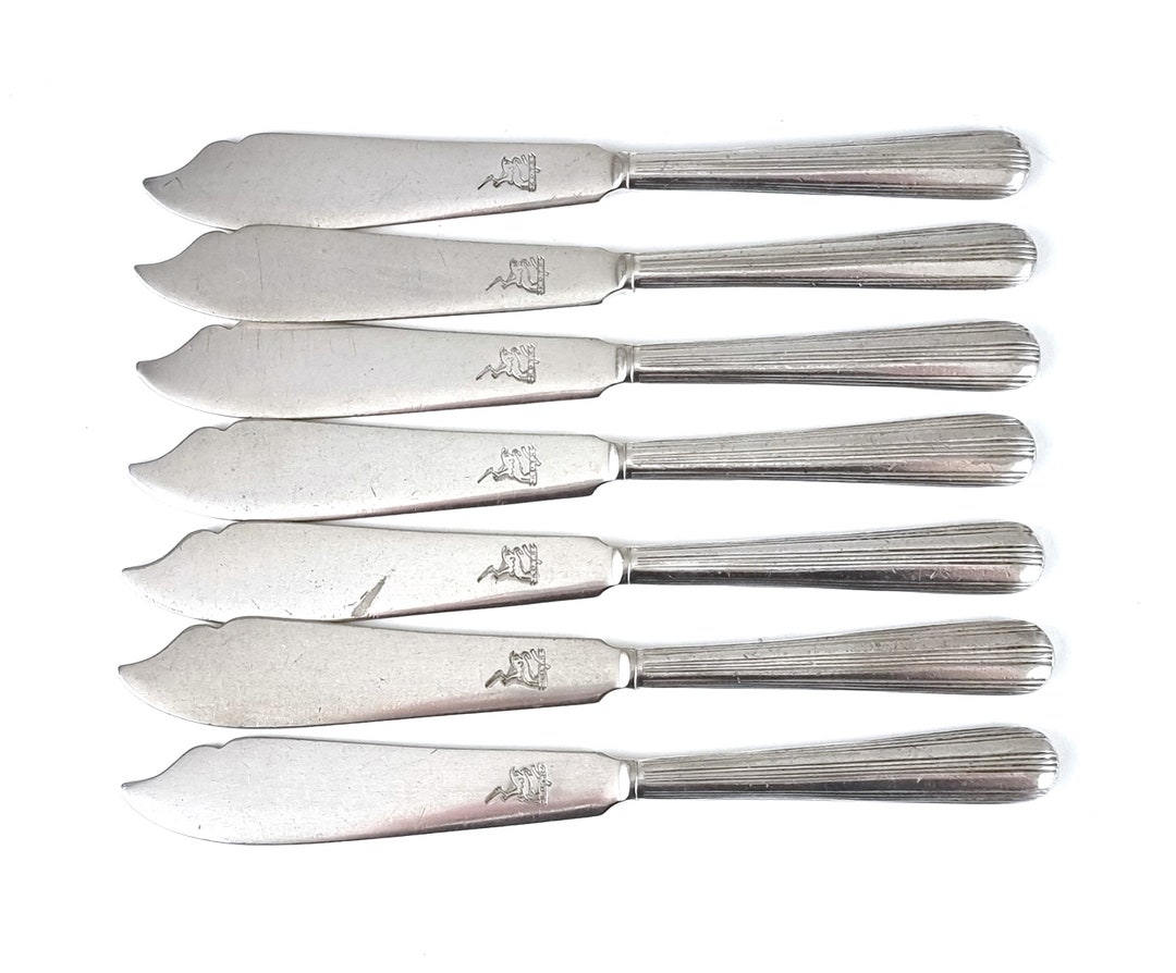 Crested Flatware, Set of Seven, Cutlery Fish Knives, Worn Silver Plate ...