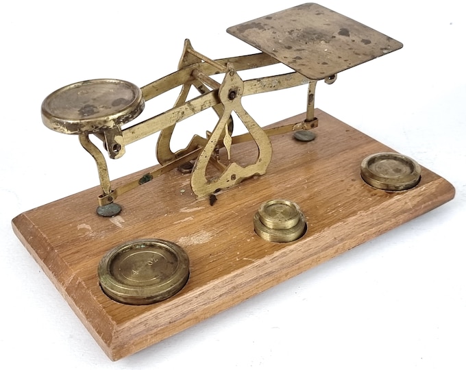 Vintage Postal Scales, Wooden Base, Brass Skeleton Scales, Scales With ...