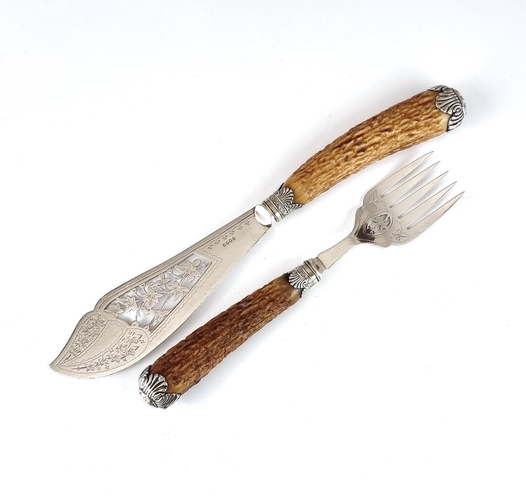 Antique Serving Flatware, Pair of Fish Servers, Antler Handles, Silver ...