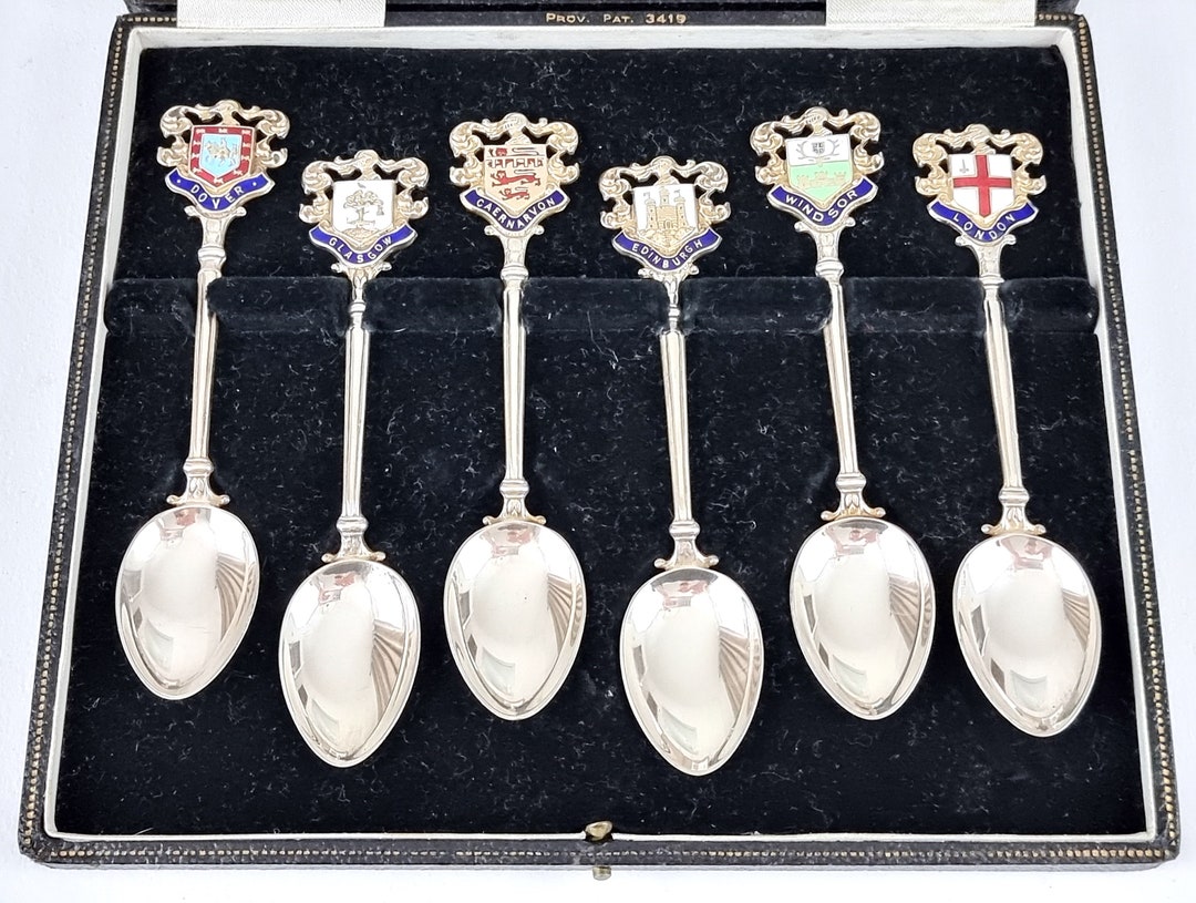 Vintage Souvenir Spoons, Set of Six, Cased Teaspoons, Silver Plate ...