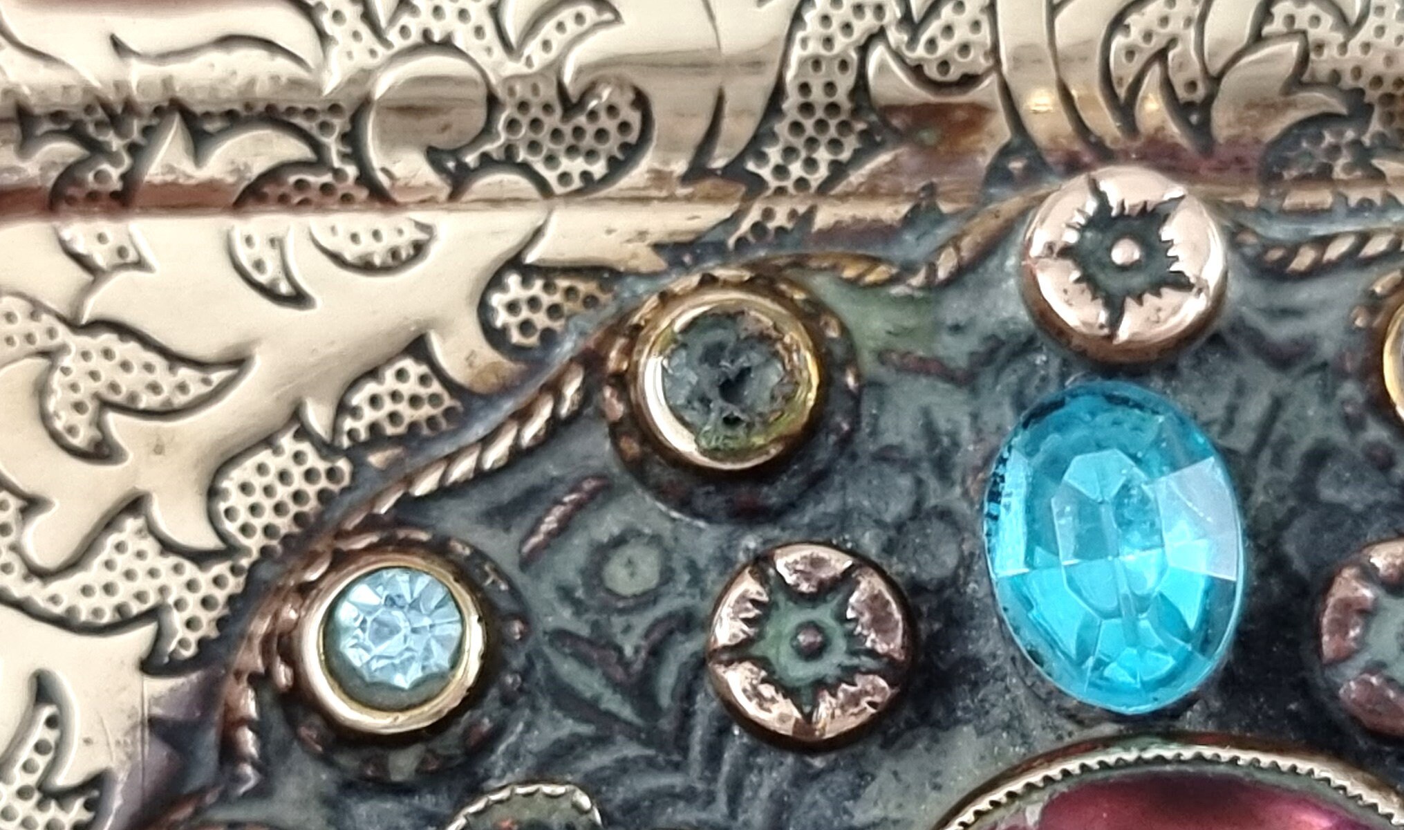 Small Brass Box, Trinket Box, Czech Made, Floral Scrolls, Paste Gem Top ...