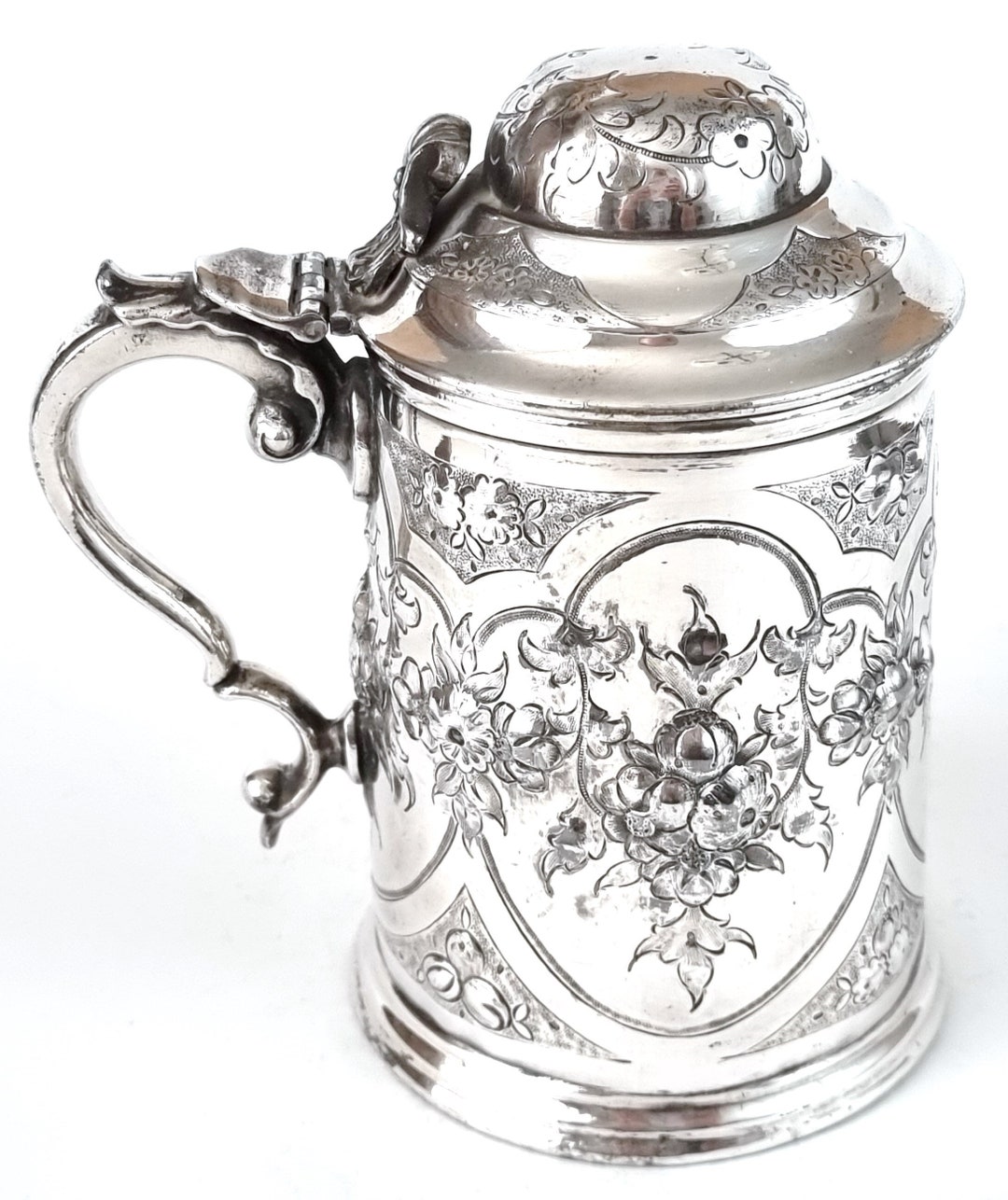 Antique Lidded Tankard, Silver Plate, Embossed Floral, Floral Drinkware ...