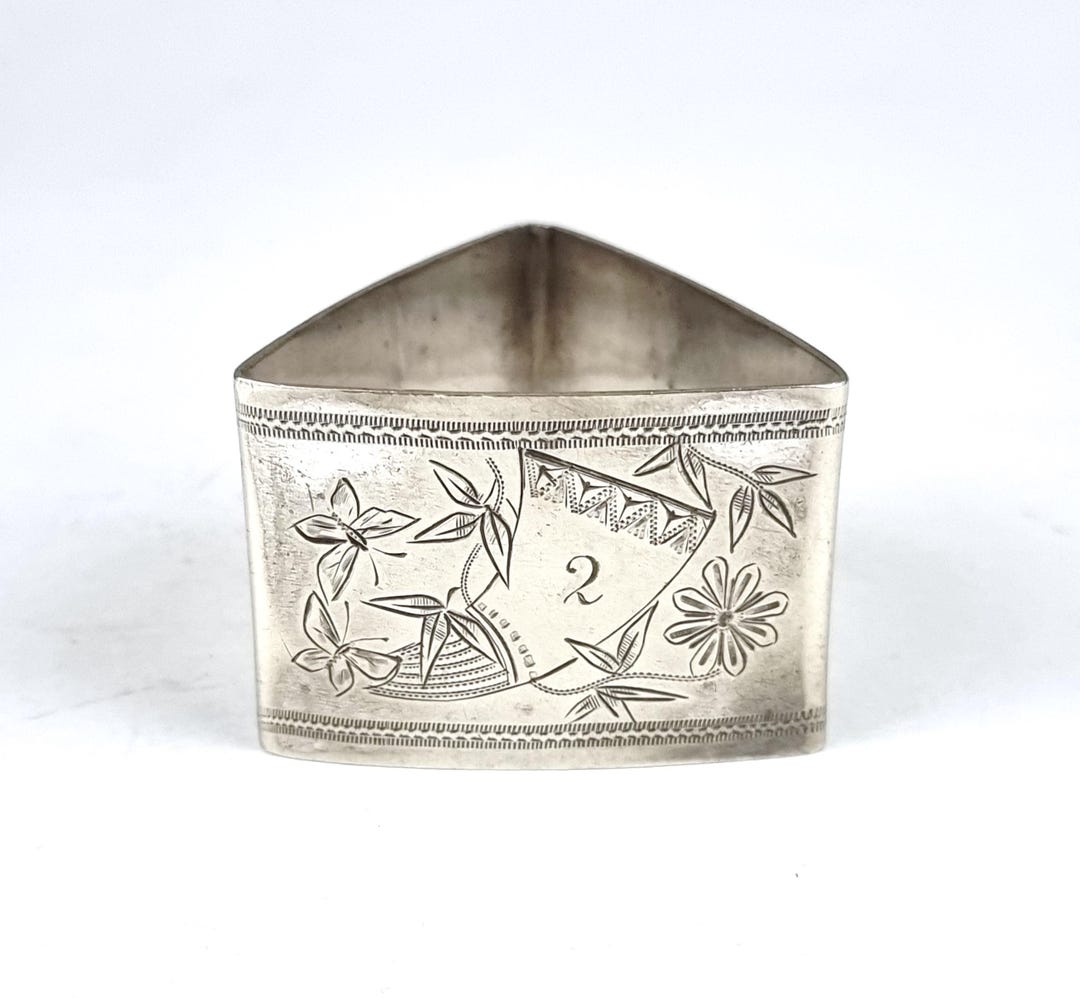 WORN Silver Plate, Triangular Shape, Antique Napkin Ring, Chinoiserie ...
