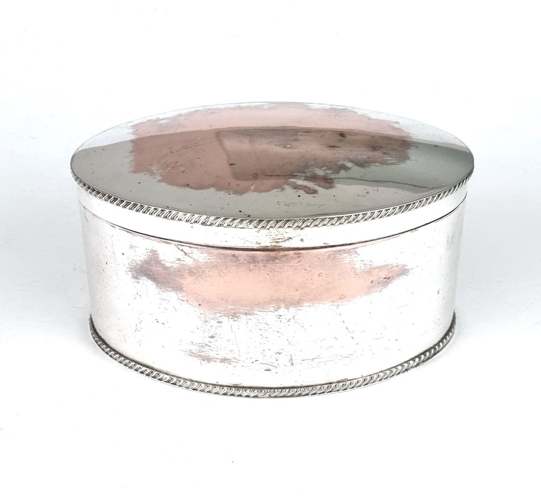 WORN Silver on Copper, Antique Oval Container, Biscuit Box, Trinket Box ...