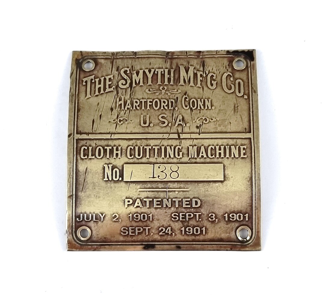 SMALL Antique, Name Plate, Brass Sign, the Smyth Mfg, Cloth Cutting ...