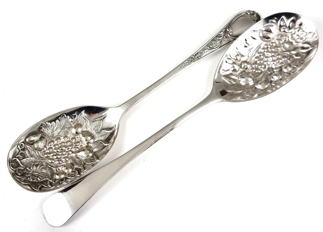 Vintage Serving Spoons, Large Berry Spoons, Silver Plate, Embossed ...