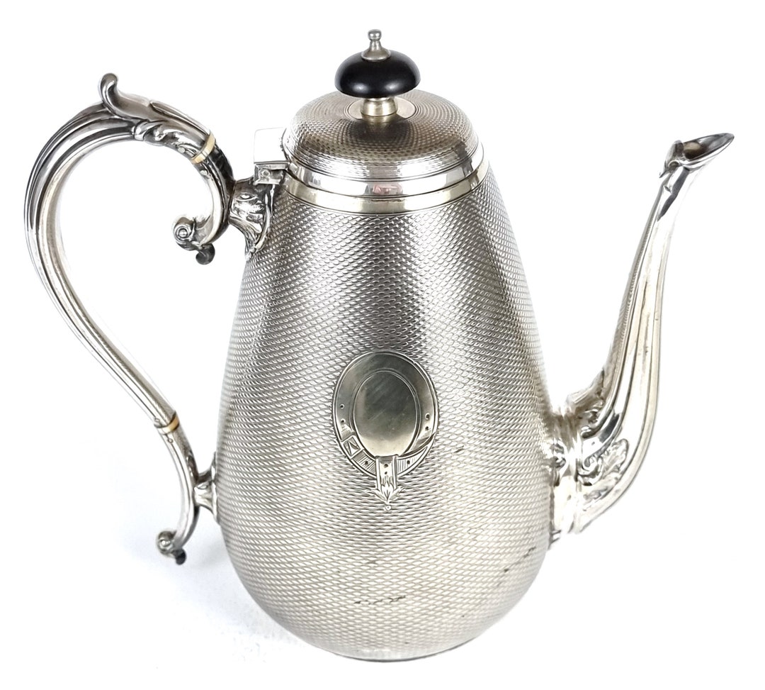Distressed Look, Worn Silver Plate, Antique Coffee Pot, Engine Pattern ...