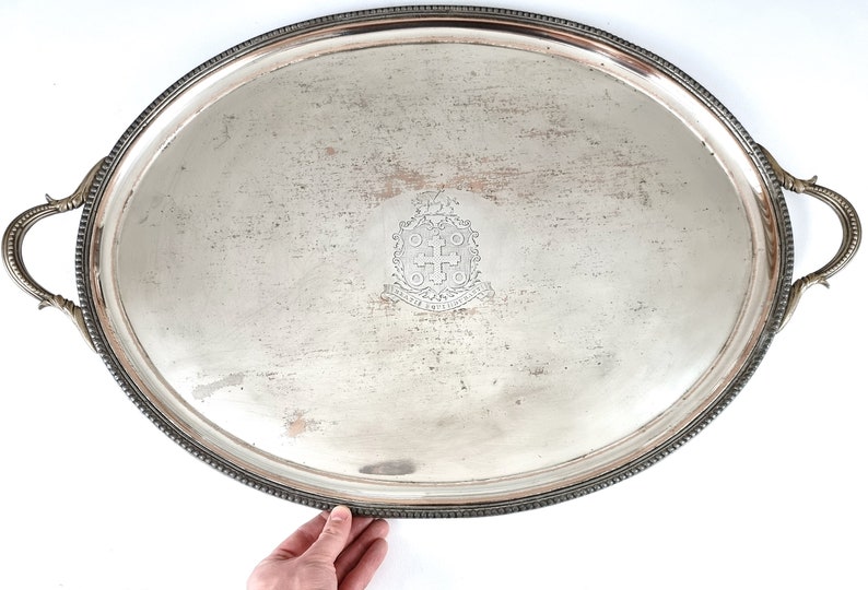 LARGE Antique Tray Durant Family Crest Old Sheffield Plate - Etsy