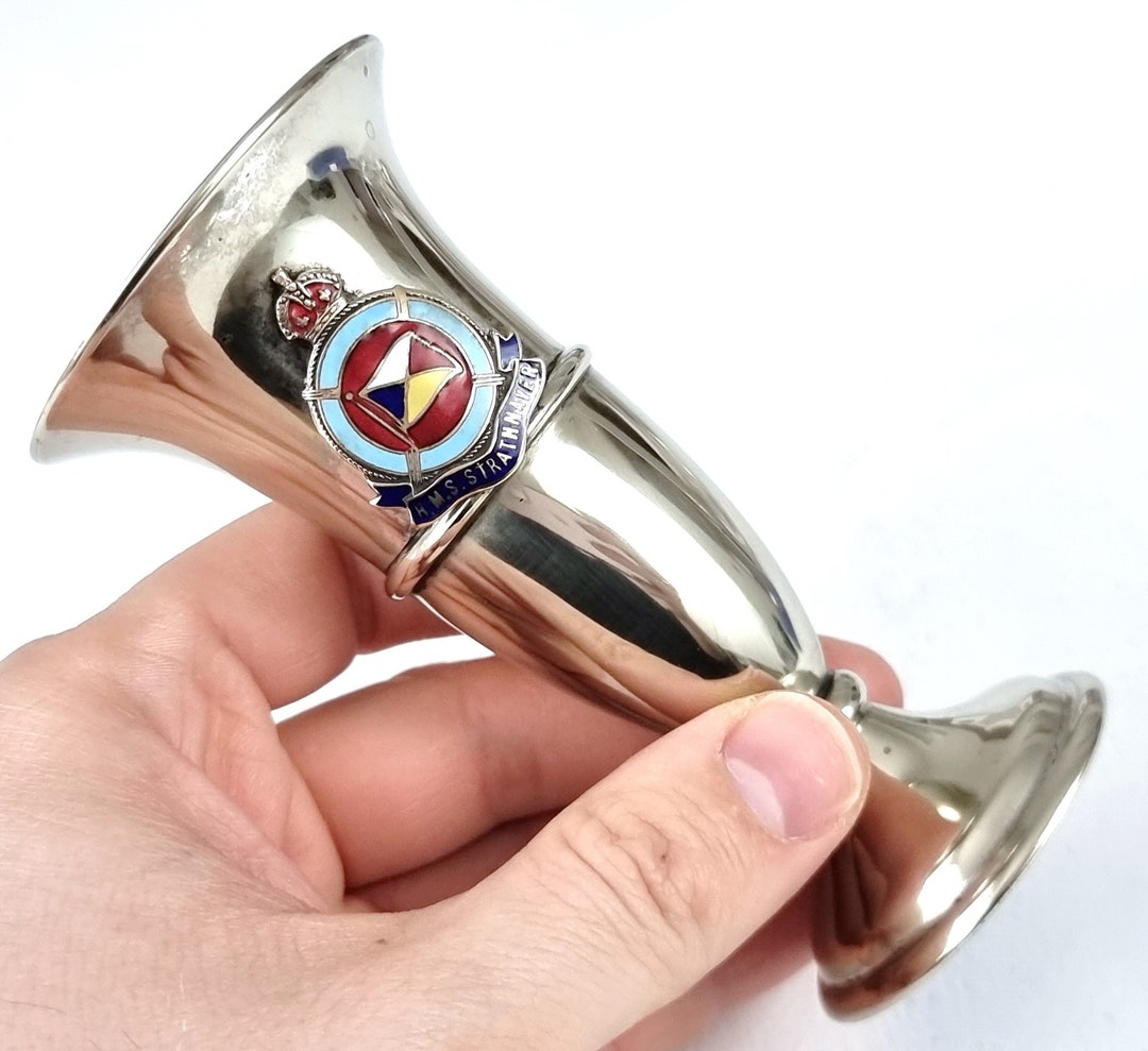 Worn Silver Plate, Small Trumpet Vase, Enameled Badge, RMS Strathnaver ...