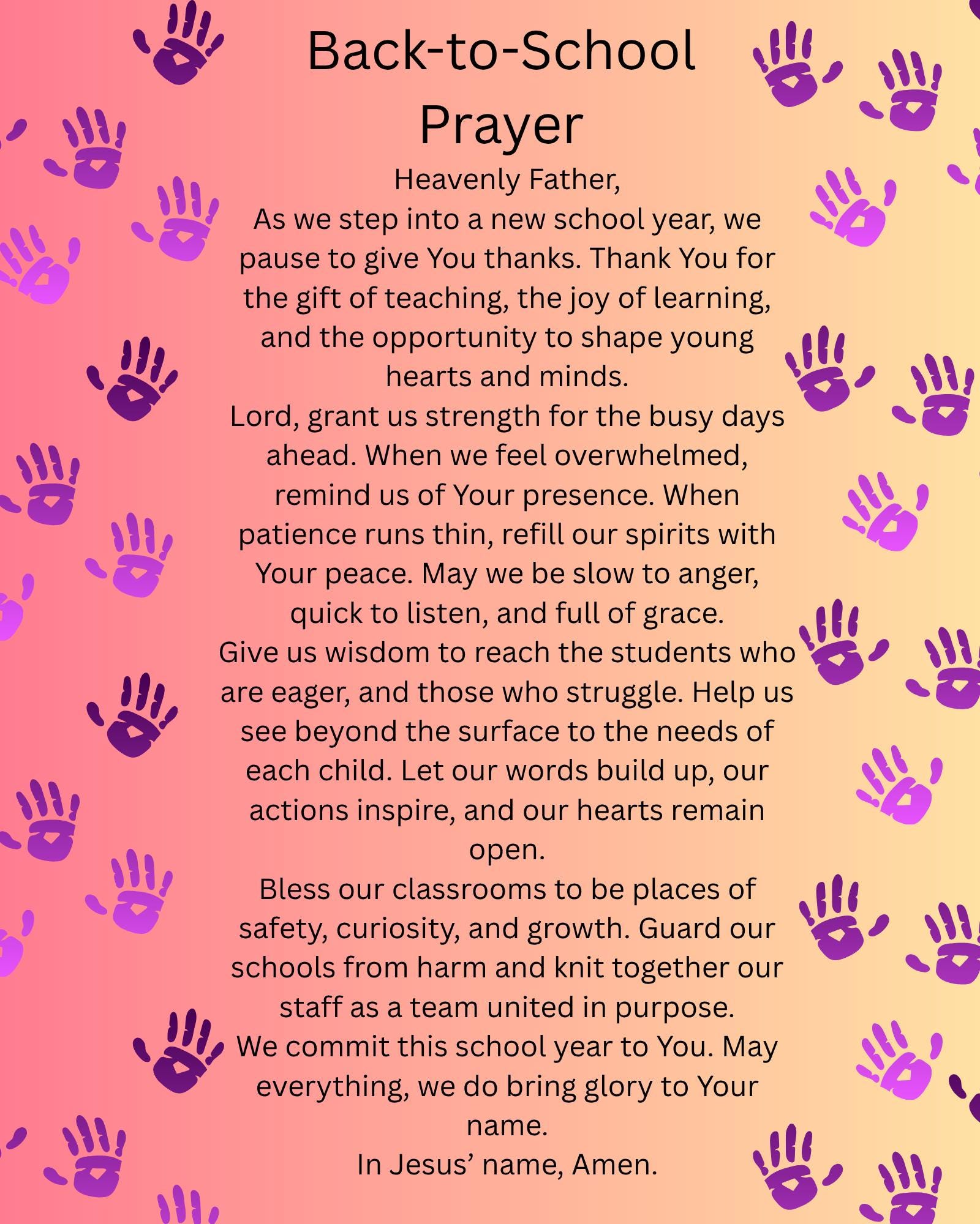 Teacher Back to School Prayer Printable Christian Teacher Gift ...