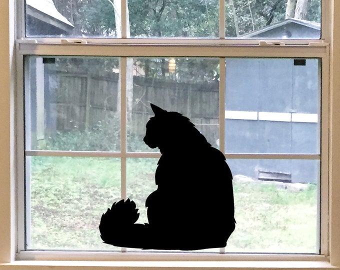 Large Fluffy Fat Cat Decal, Black Cat Silhouette Vinyl Decal, Cat Wall ...