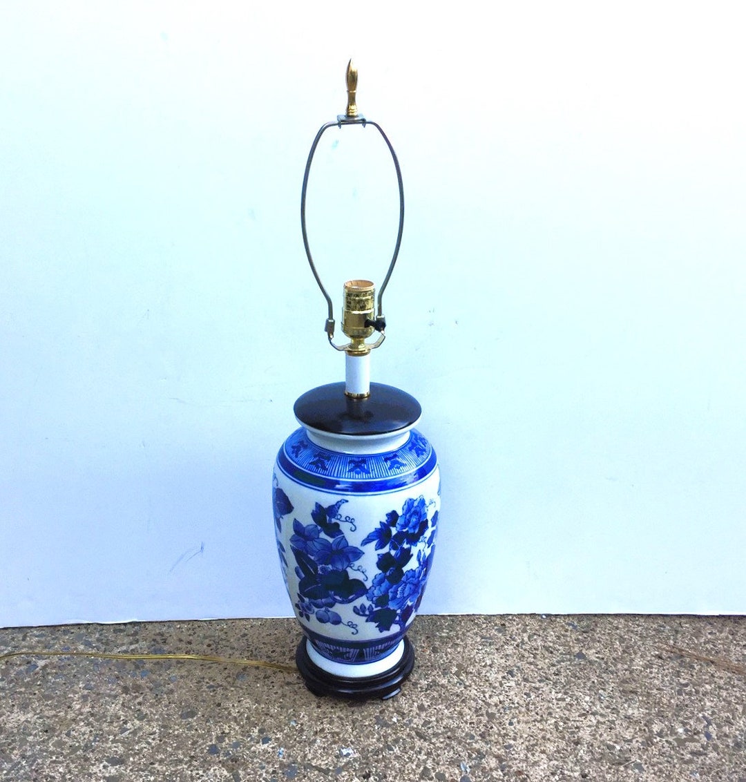 Vintage Blue White Lamp Asian Lighting Blue Floral Design on White Wood ...