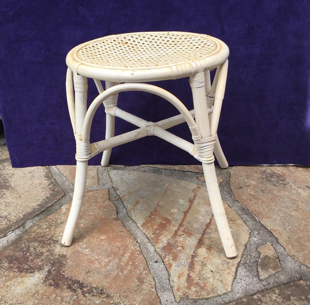 Vintage Cream Rattan Wicker Caned Stool Bentwood Rattan Boho Chic Seat ...