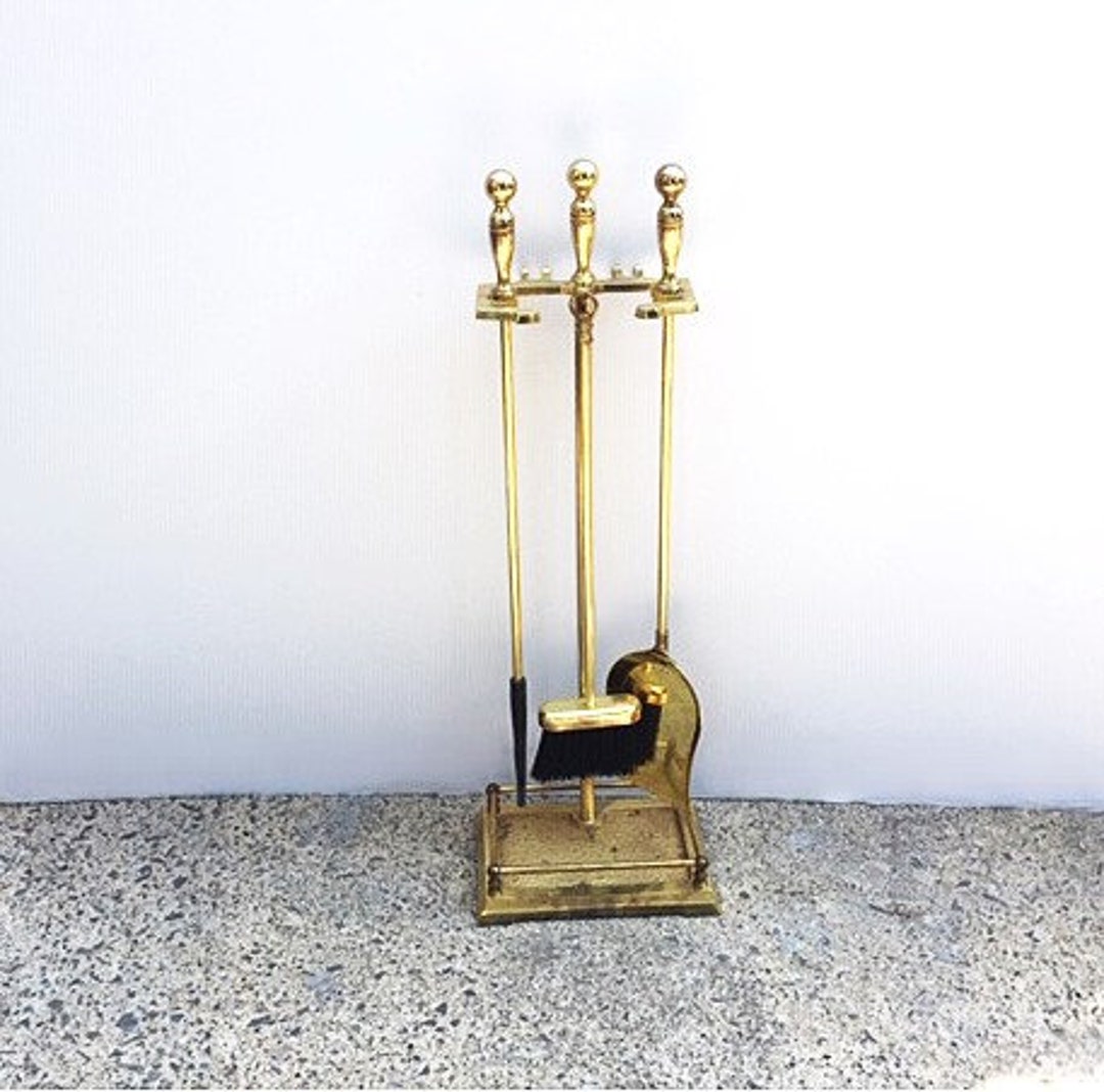 Vintage Fireplace Tool Set 3 Brass Plated Tools 4 Piece Set Patina FP ...