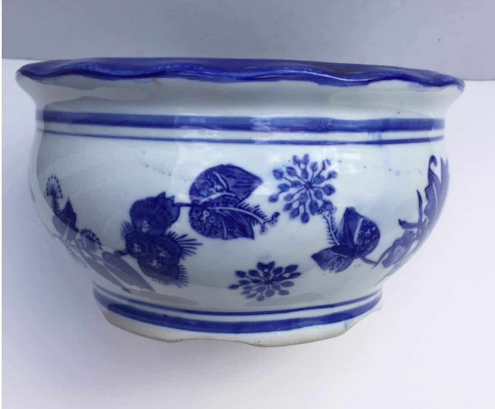 Vintage Large Blue White Planter 9 in Floral Pot Bowl Planter | Etsy