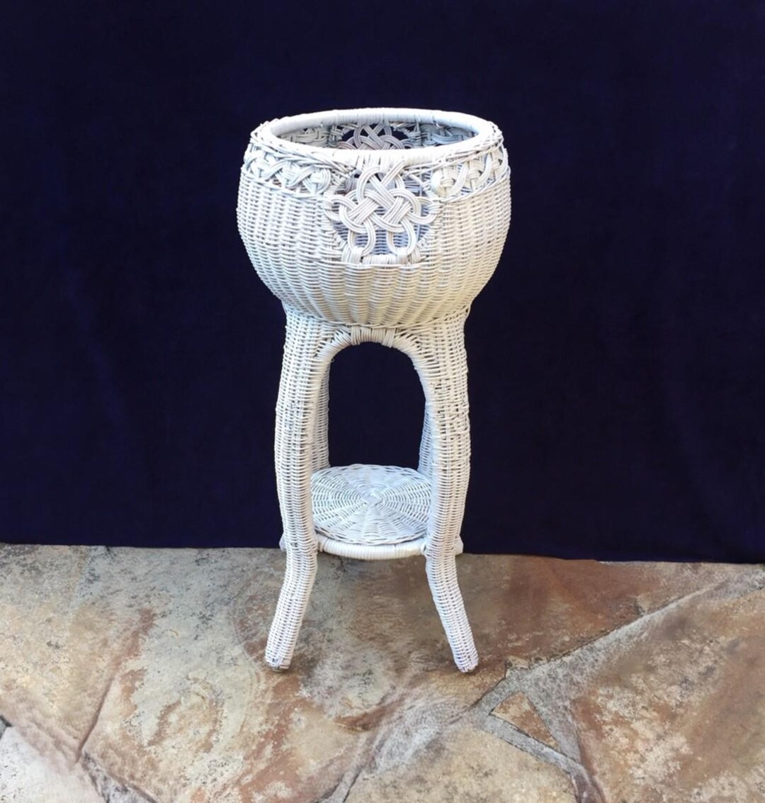 Vintage White Wicker Plant Stand Large Planter Holder Boho Chic Planter ...