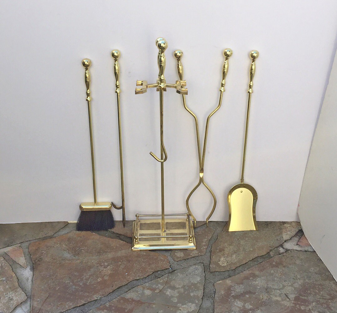 Vintage Brasstone Fireplace Tool Set Patina Tools Stand 5 Tools 6 Piece ...