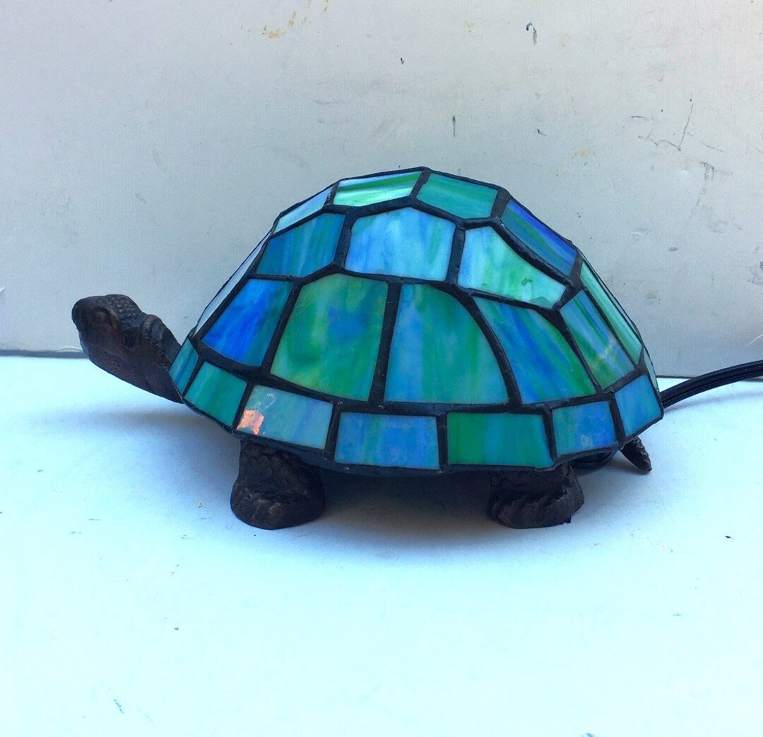 Vintage Turtle Light Stained Glass Shell Metal Turtle Lamp Green Blue ...