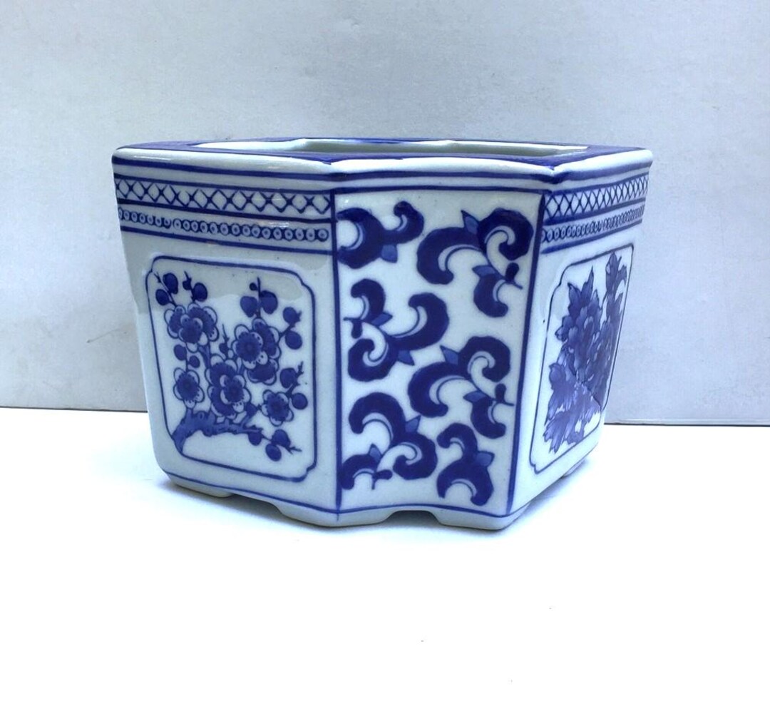 Vintage Planter Blue White Pot 7+inch W Container Chinoiserie Asian Mid ...