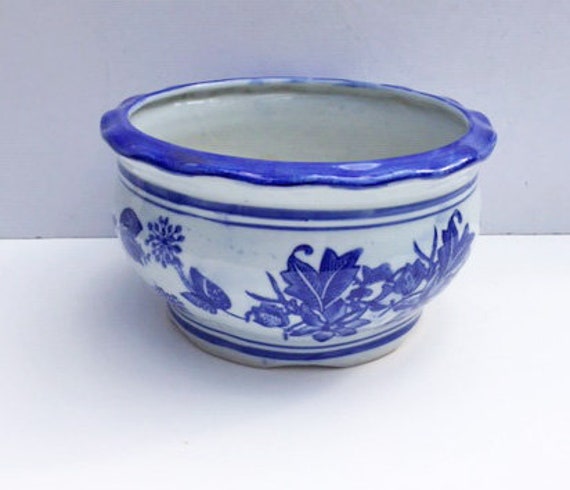 Vintage Large Blue White Planter 9 in Floral Pot Bowl Planter | Etsy