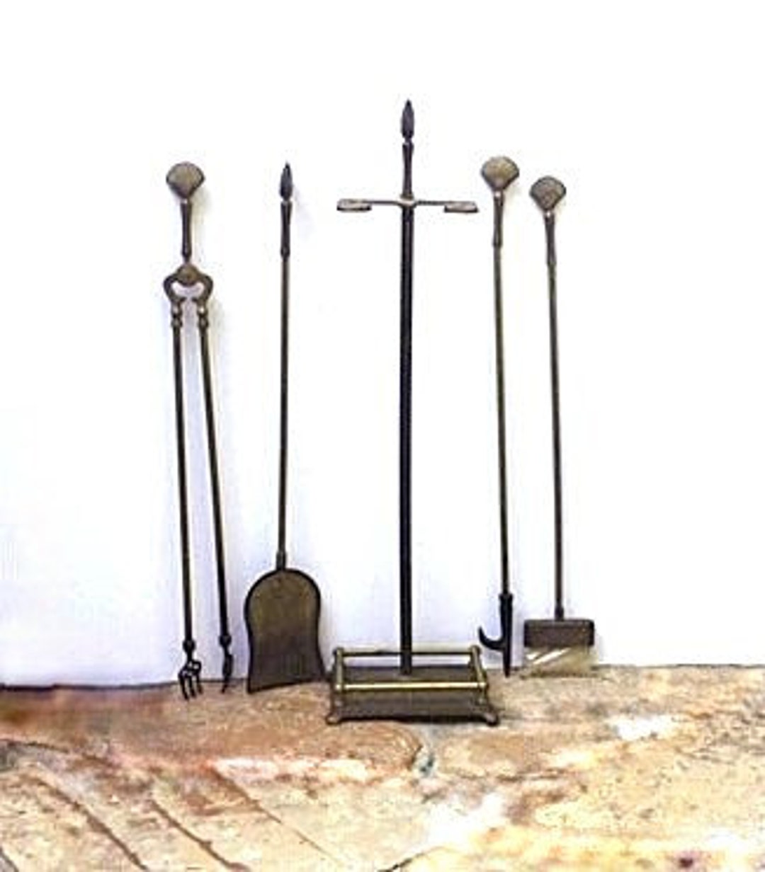 Vintage Brass Shell Fireplace Set Irons and Stand 5 Piece Set FP Mid ...