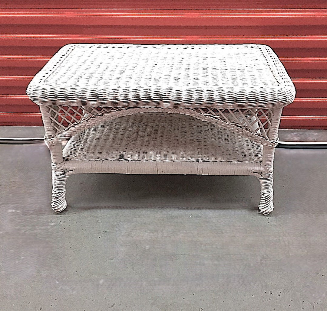 Vintage Wicker Table White Woven Coffee Table Mid Century Boho Chic ...