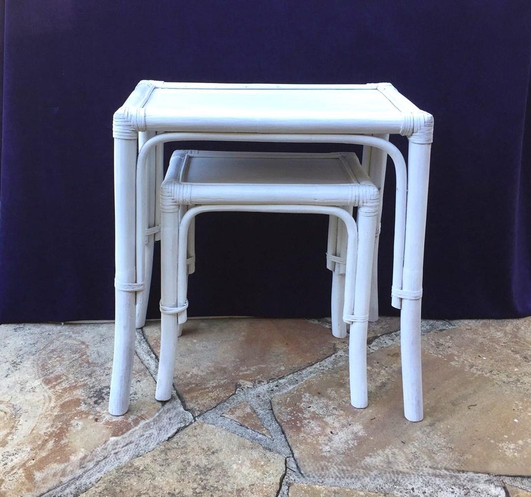 Vintage White Rattan Table Nesting Tables Mid Century Bentwood Planter ...