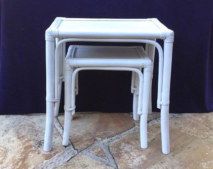 Vintage Coastal Bamboo Rattan Table Nesting Tables White Mid Century ...