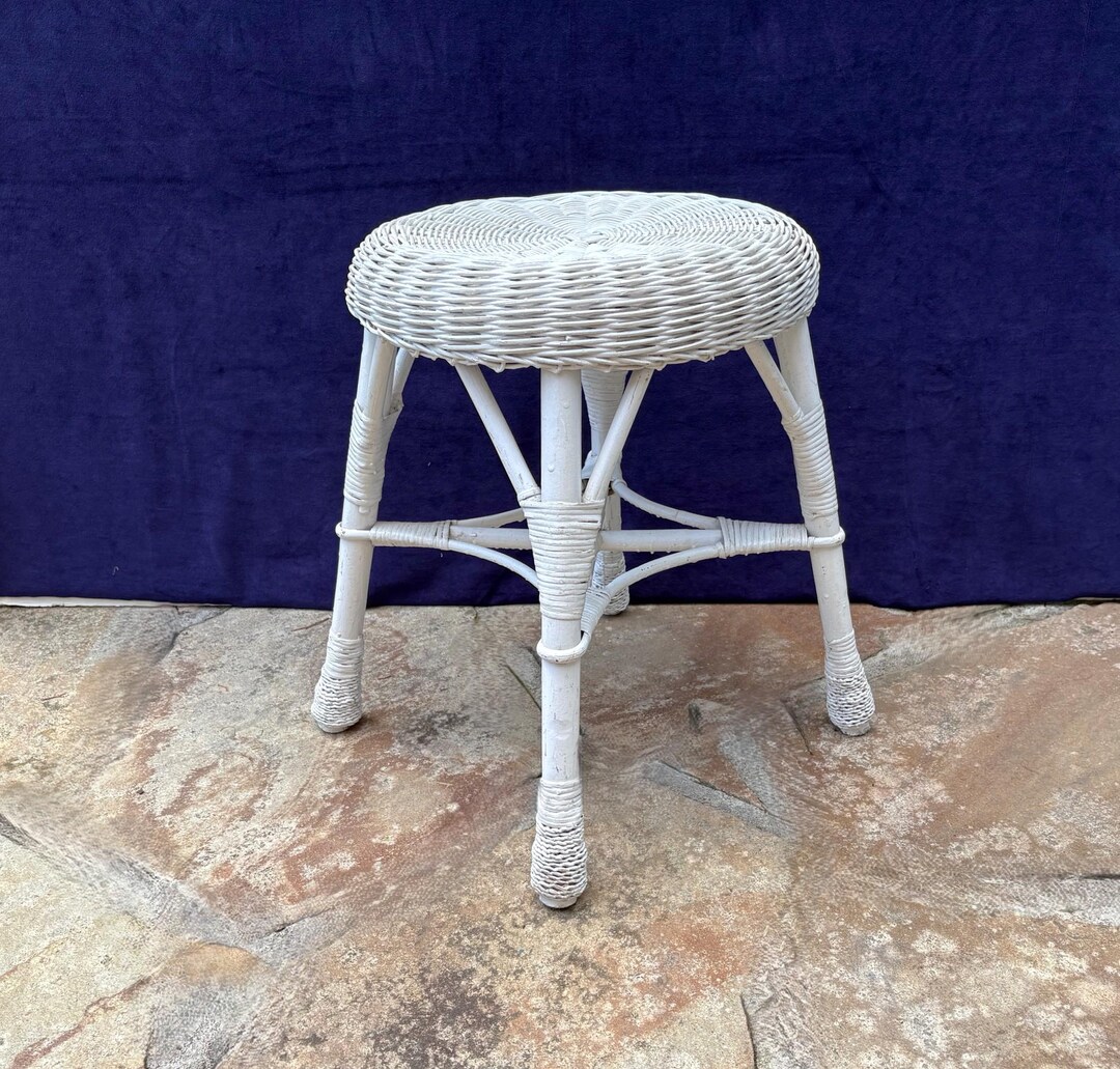 Vintage White Wicker Stool Mid Century Rattan Boho Chic Plant Stand ...