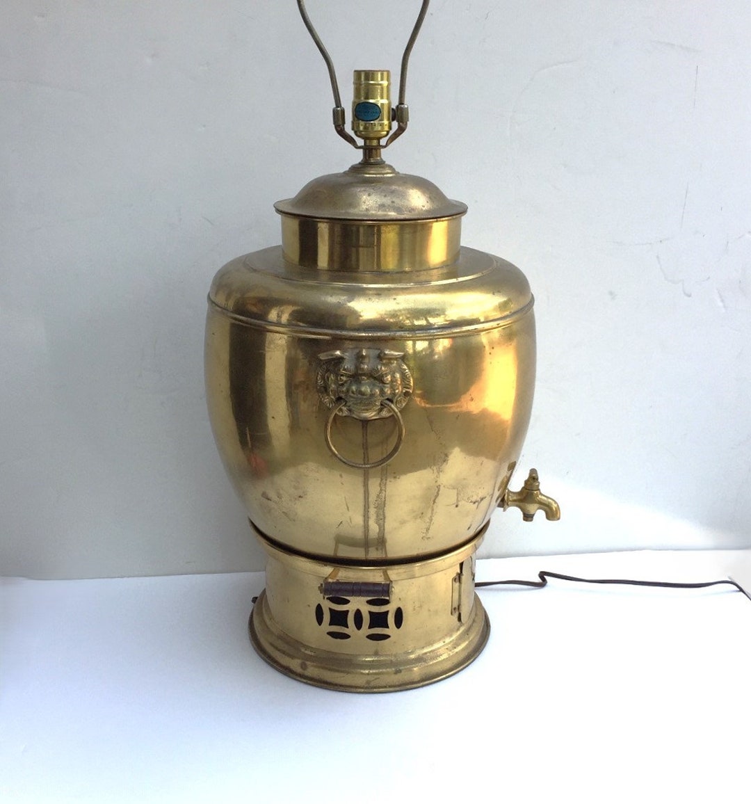Vintage Large Brass Lamp Samovar Lionheads Rings Tea Urn Ginger Jar ...