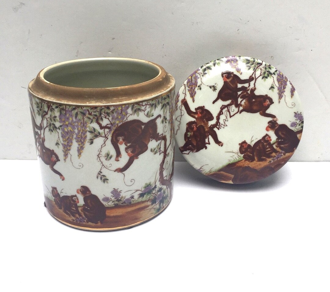 Vintage Monkey Floral Jar With Lid Chinese Style Monkeys in Tree ...