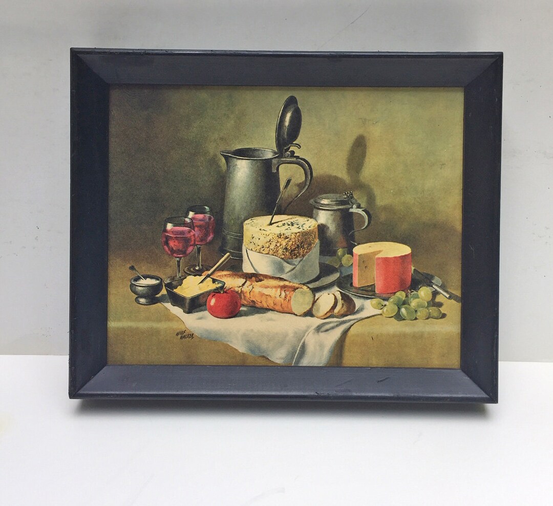 Vintage Print Wilf Walker Still Life Print Framed Cheese Wine Pewter ...
