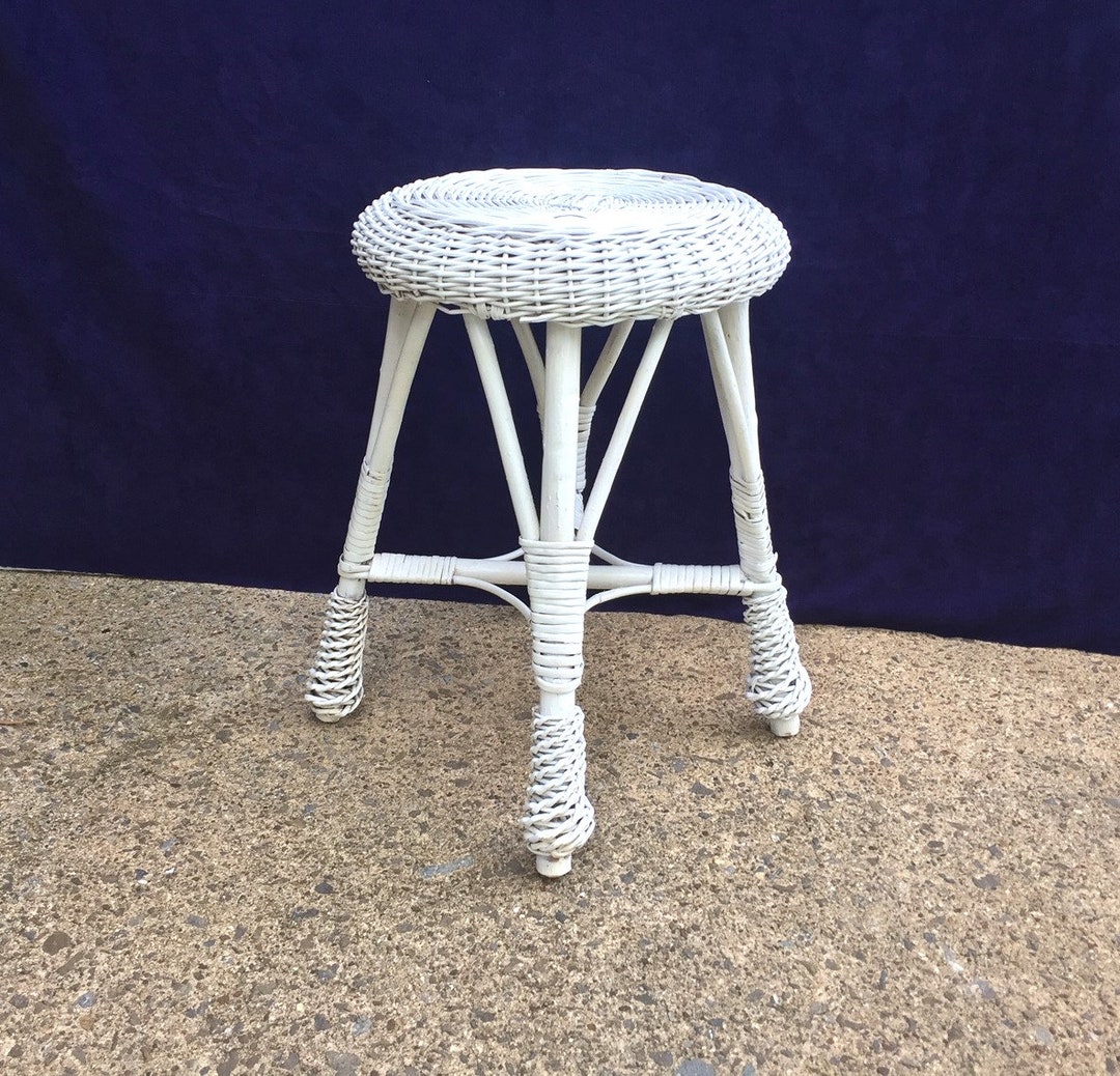 Vintage White Wicker Stool Mid Century Rattan Boho Chic Plant Stand ...