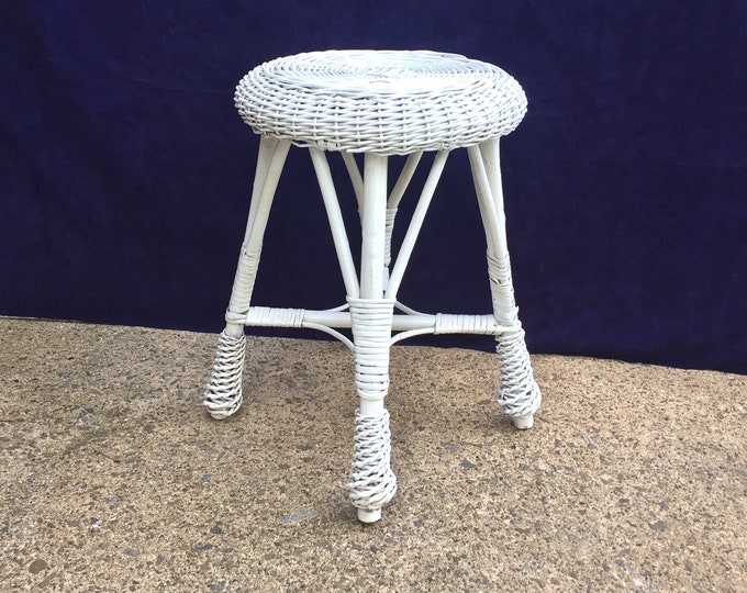 Vintage White Wicker Stool Mid Century Rattan Boho Chic Plant Stand ...