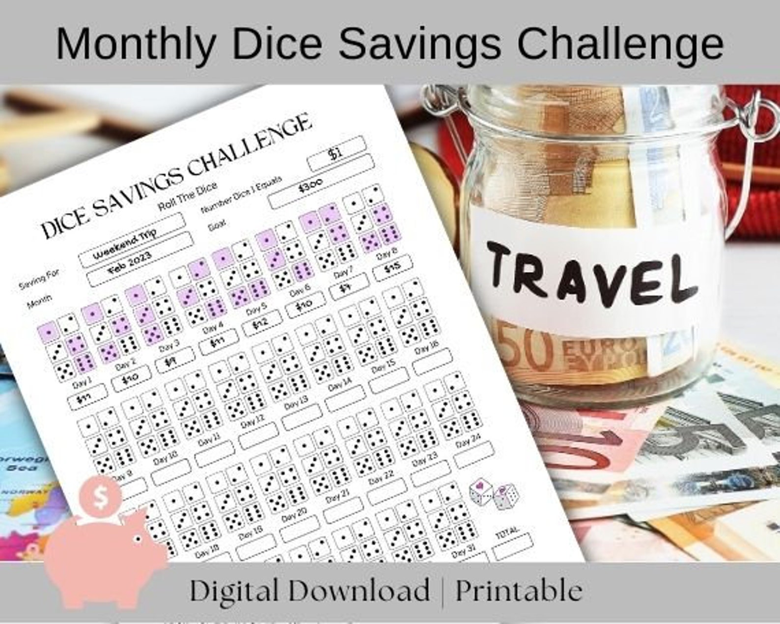 Monthly Dice Savings Challenge | Money Challenges | Budget Planner ...