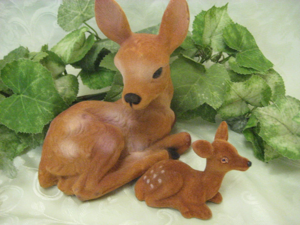 Vintage Collectible Flocked Deer Doe and Fawn | Etsy