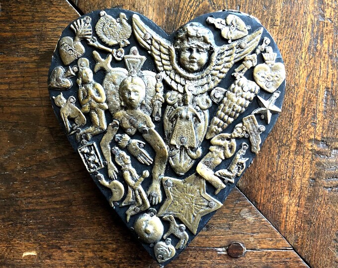 VTG Wood Milagros Heart Mexican Folk Art 6" Estela Ogazon Signed Brass ...