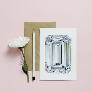 White Diamond Gemstone Watercolor Greeting Card, Emerald Cut Birthstone ...