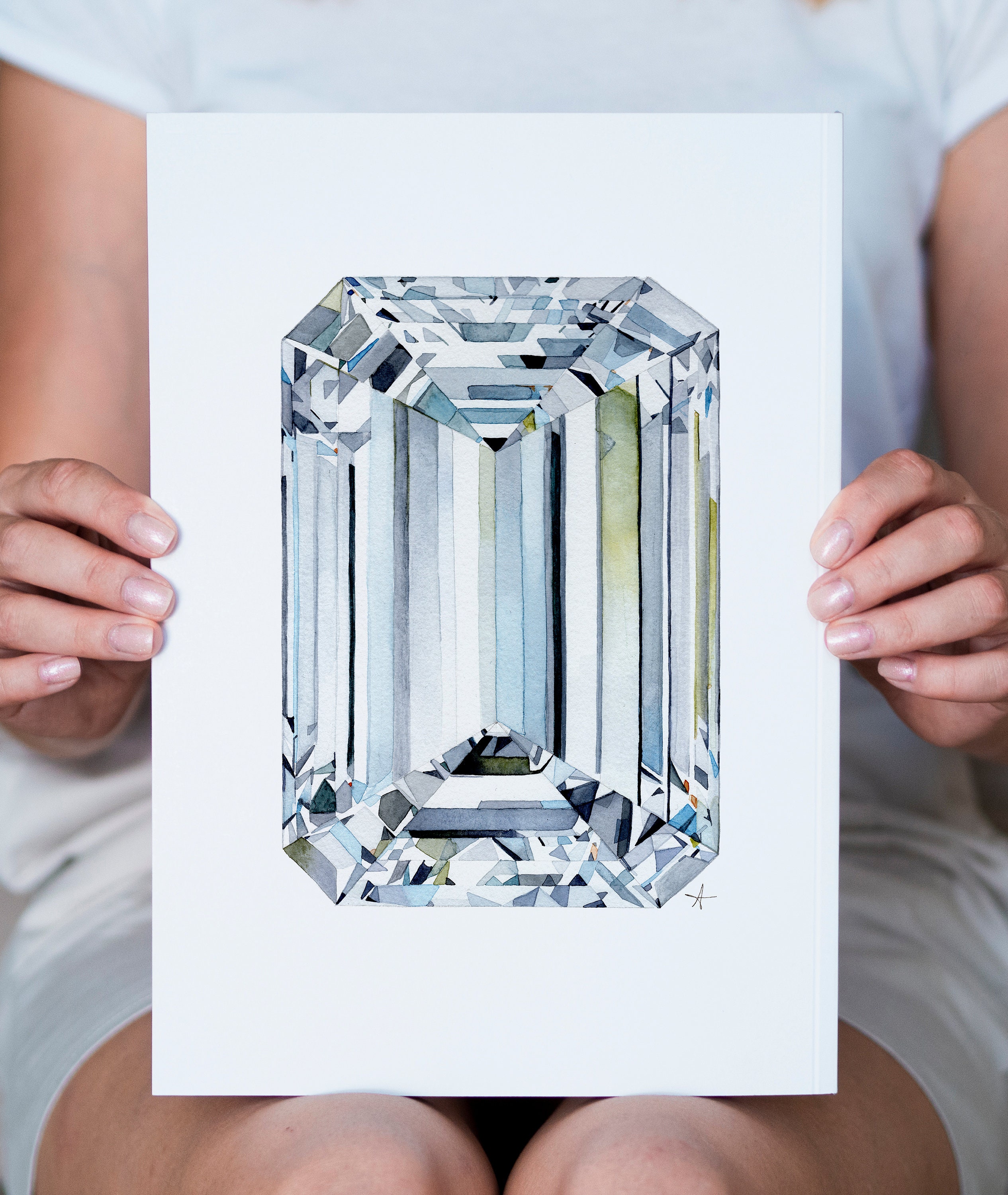 Diamond Gemstone Watercolor Painting, Emerald Cut Diamond Artwork ...
