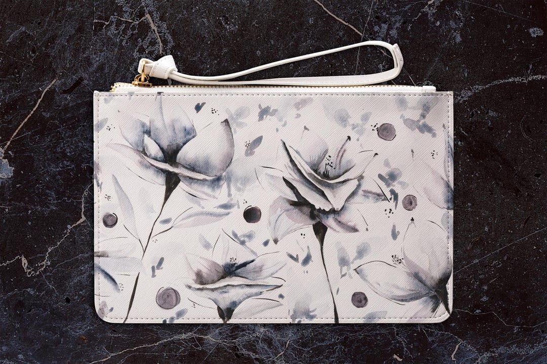 Black and White Flower Vegan Leather Clutch Purse, Saffiano Pattern ...
