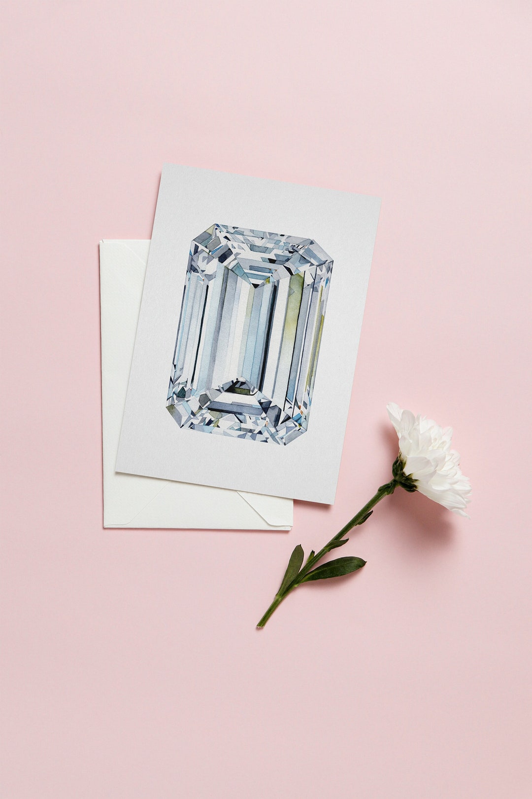 White Diamond Gemstone Watercolor Greeting Card, Emerald Cut Birthstone ...