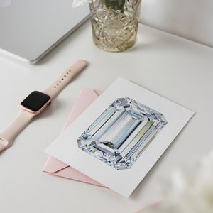 White Diamond Gemstone Watercolor Greeting Card, Emerald Cut Birthstone ...