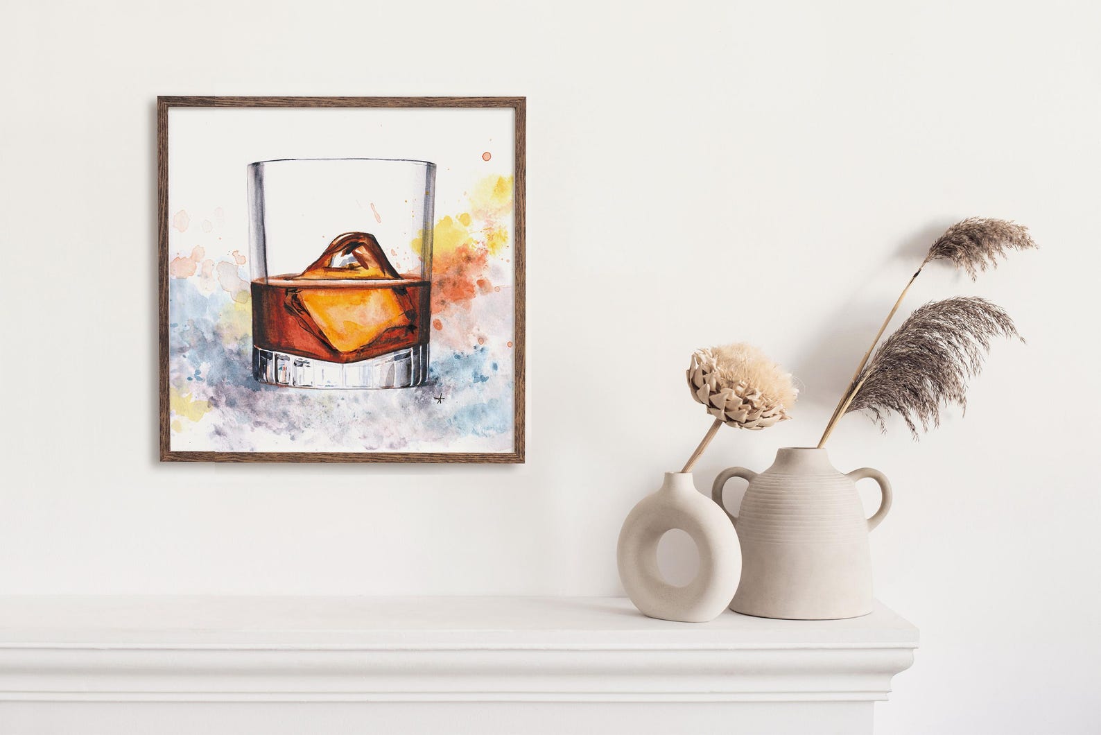 Bourbon on Rocks Drink Watercolor Print, Neat Whiskey, Wall Painting ...
